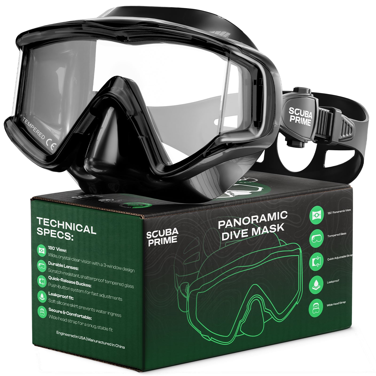 Scuba Prime Pano 3 Scuba Diving Mask – Tempered Glass, 180° Panoramic ...